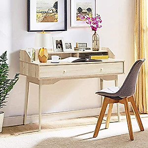 Tangkula Mid Century Desk with Storage Drawer, Writing Study Computer Desk with Hutch, Wooden Study Table PC Workstation, Home Office Desk Kid’s Desk for Bedroom (Natural)