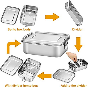 G.a HOMEFAVOR Divided Stainless Steel Bento Box, 2 Compartments Lunch Box, Lock Clips Design, 1200ML Metal Lunch Box Containers, Steel Lunch Box, Sandwich Container - Dishwasher Safe - Leak Proof