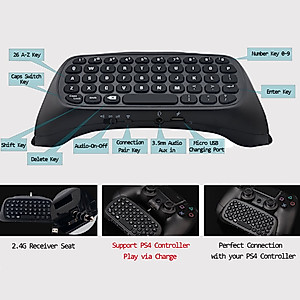 Wireless Gaming Keyboard for PS4, 2.4G Wireless Chatpad, Rechargeable Online Gaming Live Chat Message KeyPad with Built in Speaker & 3.5mm Audio Aux-in for Playstation 4/PS4 Slim/PS4 Pro Controller