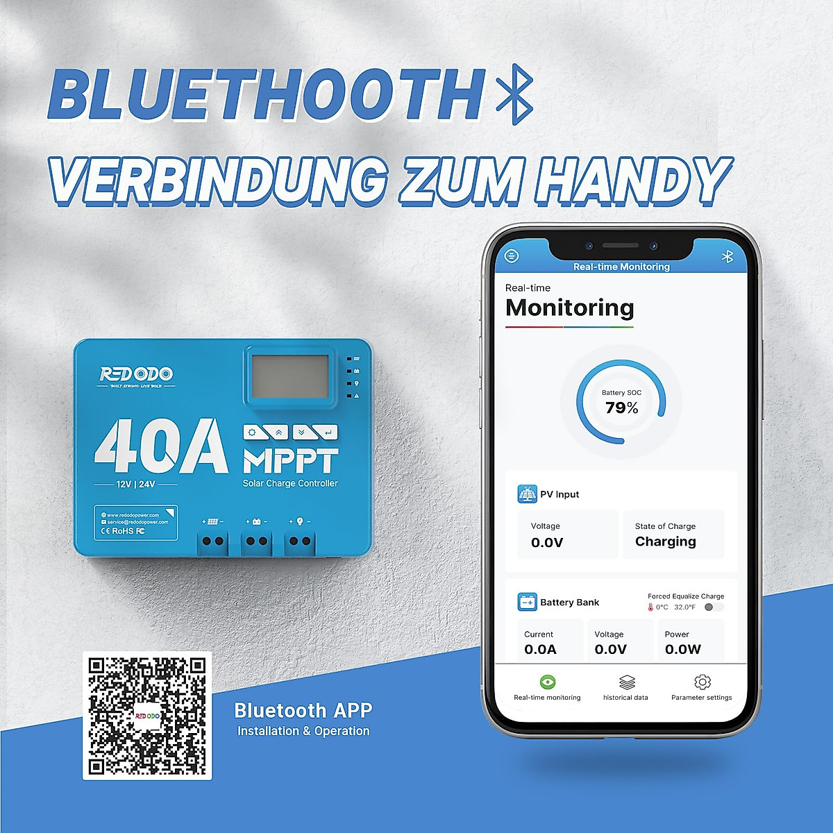Redodo 40 Amp MPPT 12V/24V DC Input Solar Charge Controller with Built-in Bluetooth Module, Parameter Adjustable LCD Display LED Indicators