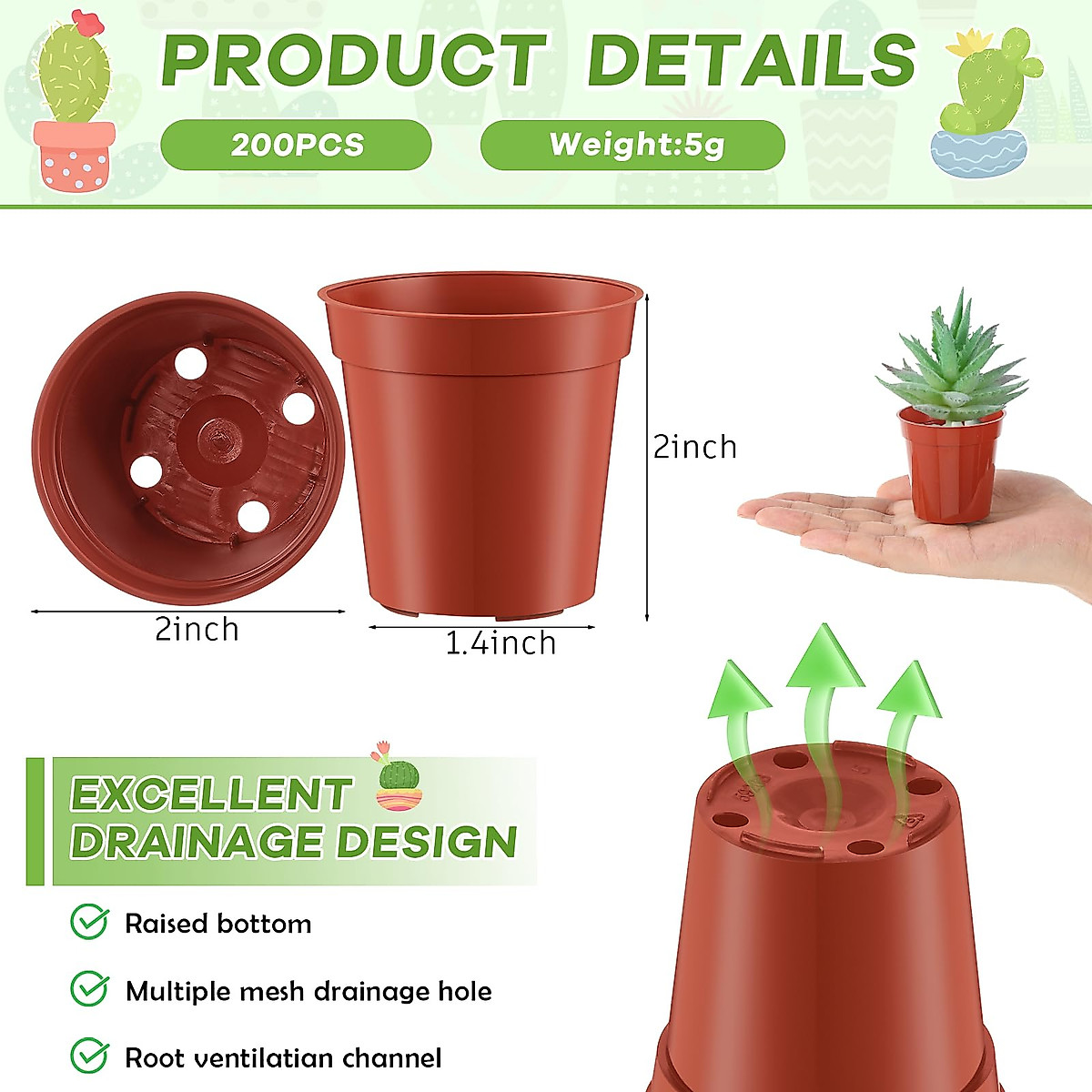 Yaomiao 200 Pcs 2 Inch Red Mini Plastic Plant Pot Nursery Seedling Pots Seed Starter with Drainage Holes for Indoor Outdoor Garden Succulent Plants Cuttings Transplanting