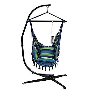 Project One Hanging Rope Hammock Chair, Hanging Rope Swing Seat with 2 Pillows, Carrying Bag, and Hardware Kit Perfect for Outdoor/Indoor Yard Deck Patio and Garden, 300 LBS Cap (Blue Green Stripe)