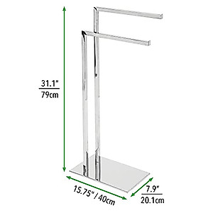 mDesign Tall Modern Stainless Steel Towel Rack Holder - 2 Tier Organizer for Bathroom Storage and Organization Next to Tub or Shower, Holds Bath & Hand Towels, Washcloths - Chrome