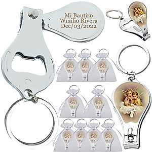 Personalized Engraved Baptism Keychains (12 PCS) - Baby Angel Key Ring with Nail Clipper and Bottle Opener Party Favors for Baby Boys and Girls Recuerdos Bautizo Customized Gift for Guest