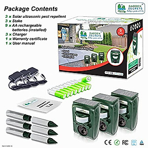 GARDEN SECRETS (2023 Version) Compact Solar Ultrasonic Animal Repellent. Skunk Raccoon Deer Coyote Cat Rat Mice etc Deterrent. Keep Pests Away from Your Property Within 2-4 Weeks. (Green, 3 Pack)