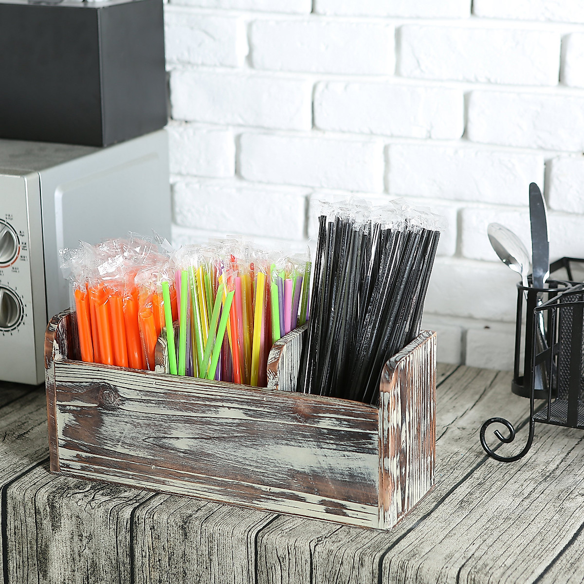 MyGift Torched Wood Kitchen Utensil Holder for Countertop with 3 Compartments, Coffee Bar Condiment Organizer Tray