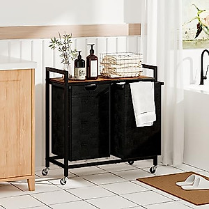 Laundry Hamper, Laundry Basket with 2 Pull-Out and Removable Bags, Rolling Laundry Sorter Cart with Wheels, Top Shelf, 2 × 13.2 Gal (50L) Versatile Organizer for Laundry Room, Bathroom, Black