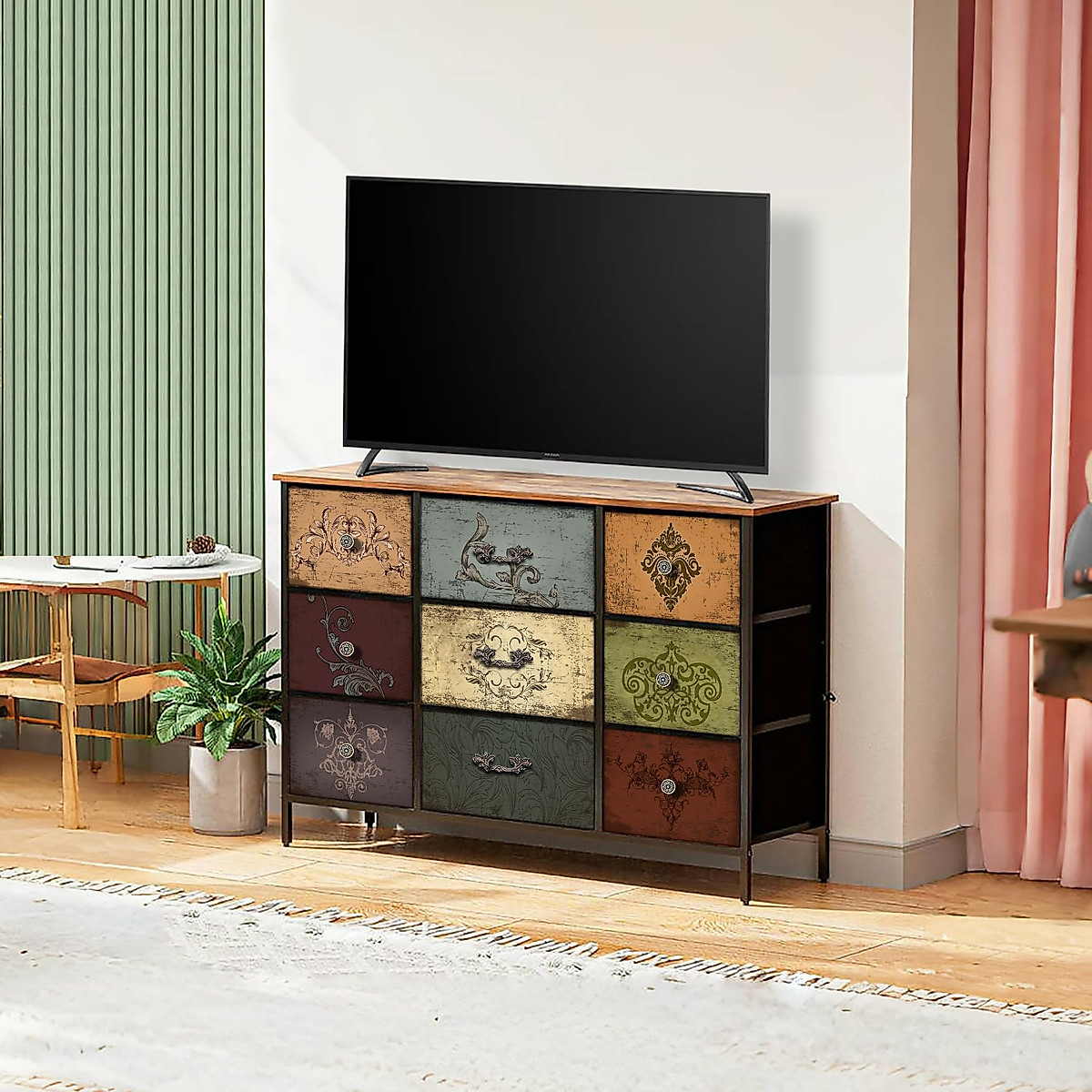 VASICAR Dresser for Bedroom with 9 Deep Fabric Drawers, Wide TV Stand Storage Cabinet, Colorful Chest of Drawers for Closet, Nursery, Entryway, Hallway
