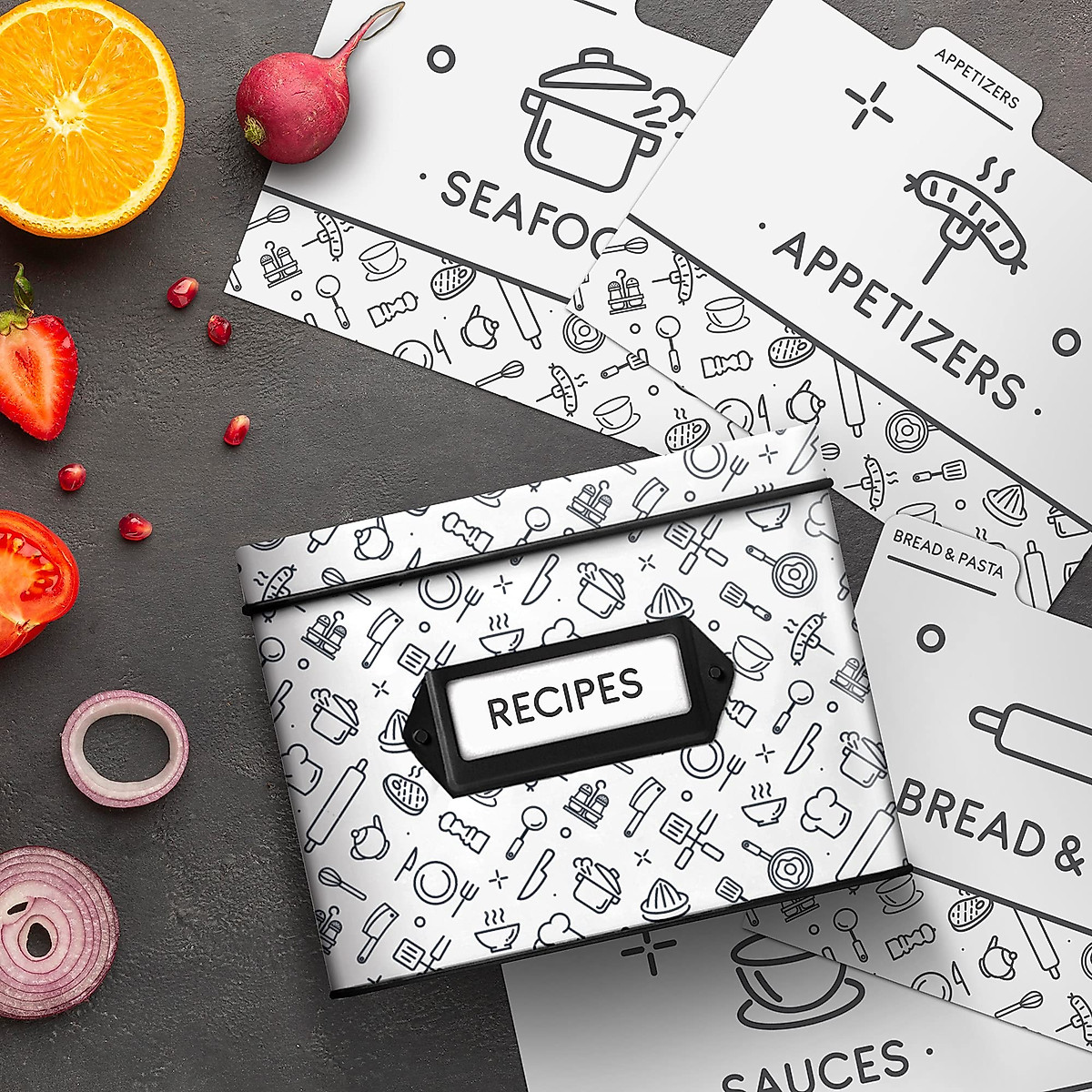 Kitchen Storage Accessories recipe box | recipe box with cards | decorative tin box | recipe box includes 24 cards and 12 dividers | gift box | recipe card box