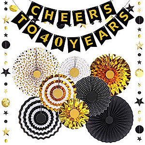 40th Birthday Decorations, 40th Birthday Decorations for Men Women, Cheers to 40 Years Banner Gold Black Party Paper Fan Star Circle Garland for 40th Anniversary 40 Years Old Party Supplies