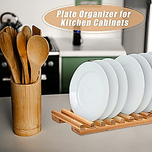 2 Pcs Bamboo Dish Rack 9 Slots Wooden Dish Drying Rack Regular Wood Plate Organizer for Cabinet Low Profile Plate Stand for Kitchen Display Countertop, 15.56 x 10 x 1.38 Inch, 0.8" Holder Width