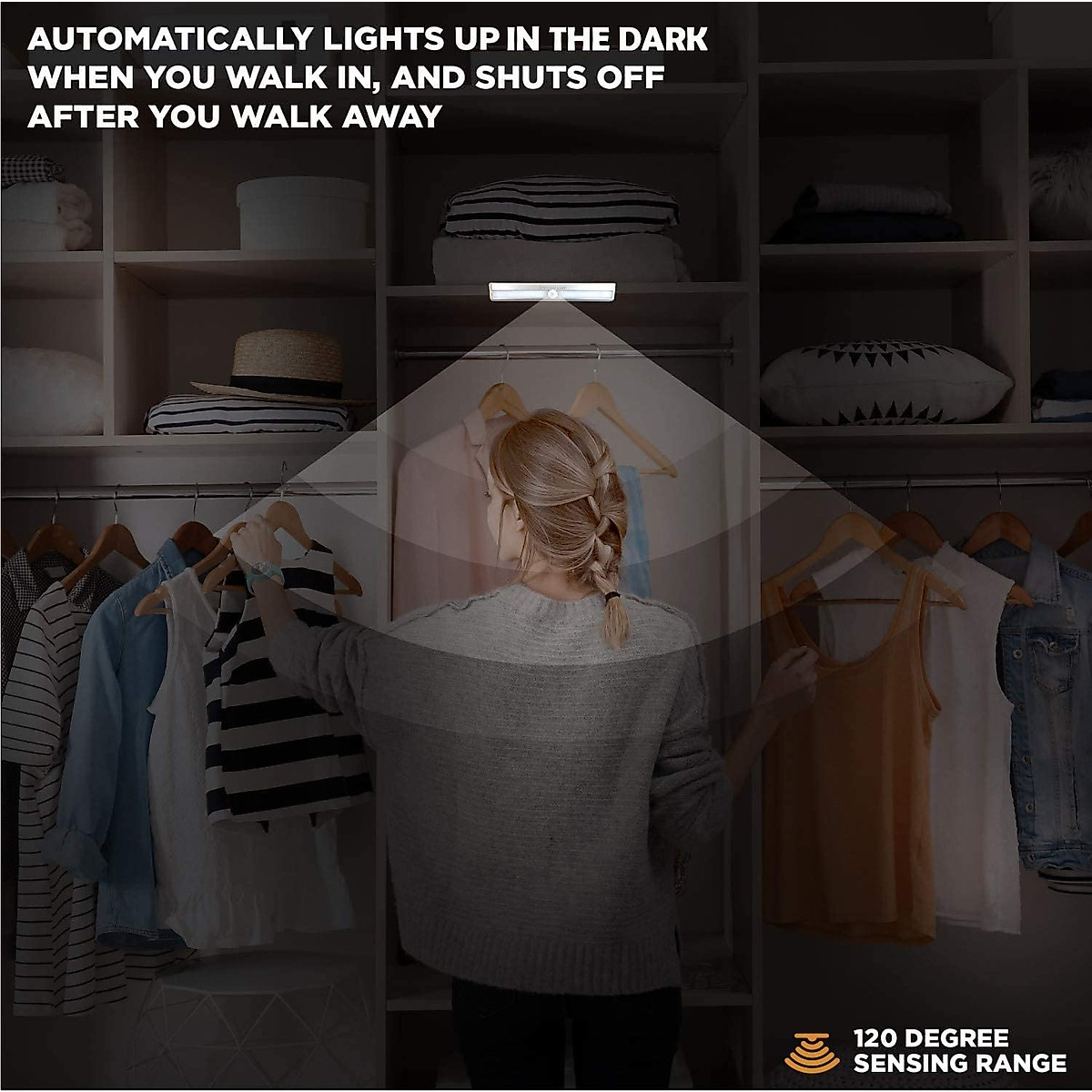 VYANLIGHT Under Cabinet Lights, Motion Sensor 10 LED Light Indoor - Light Strips for Closet, Kitchen, Bathroom, Pantry - Wireless Battery Operated Cabinet Lighting, Peel and Stick Anywhere, 6 Pack