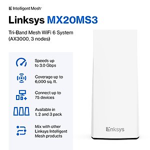 Linksys Atlas WiFi 6 Router Home WiFi Mesh System, Dual-Band, 6,000 Sq. ft Coverage, 802.11ax, 75+ Devices, Speeds up to (AX3000) 3.0Gbps - MX2000 3-Pack