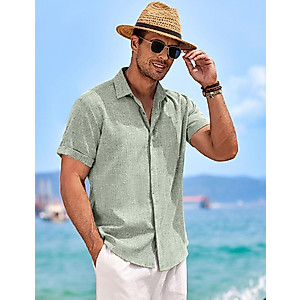COOFANDY Men's Summer Beach Cotton Linen Short Sleeve Shirt Business Work Shirts Light Green