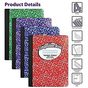 Better Office Products Composition Book Notebook - Hardcover, Wide Ruled (11/32-inch), 100 Sheet, One Subject, 9.75" x 7.5", Assorted Covers: Red, Blue, Green, Purple-4 Pack