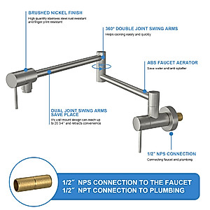 Lordear Pot Filler Faucet Brushed Nickel Finish Wall Mount Stove Kitchen Faucet Stainless Steel Pot Filler Folding Faucet Over Stove, Kitchen Pot Faucet with Double Joint Swing Arms
