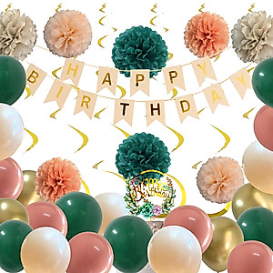 Birthday decorations for Women Girls with Emerald Green Dusty Rose Pink Balloons Rustic Banner and Happy Birthday Floral Cake Topper(Green +Peach)