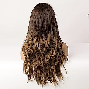 LEMONWIGS Long Natural Wavy Middle Part Brown Synthetic Wig for Women Heat Resistant Fiber Wigs