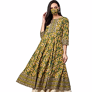 Yash Gallery Printed Yoke Design Cotton Anarkali Kurta for Women Indian Style Green