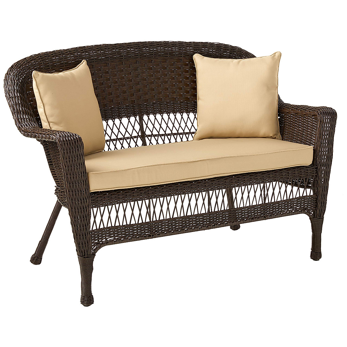 Jeco Wicker Patio Love Seat and Coffee Table Set with Tan Cushion, Espresso