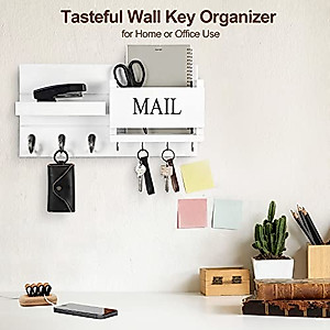 Lwenki Mail Organizer for Wall Mount – Key Holder with Shelf Includes Letter Holder and Hooks for Hallway Farmhouse Decor – Rustic Wood with Flush Mounting Hardware (16.5” x 9.1” x 3.4”) (White)