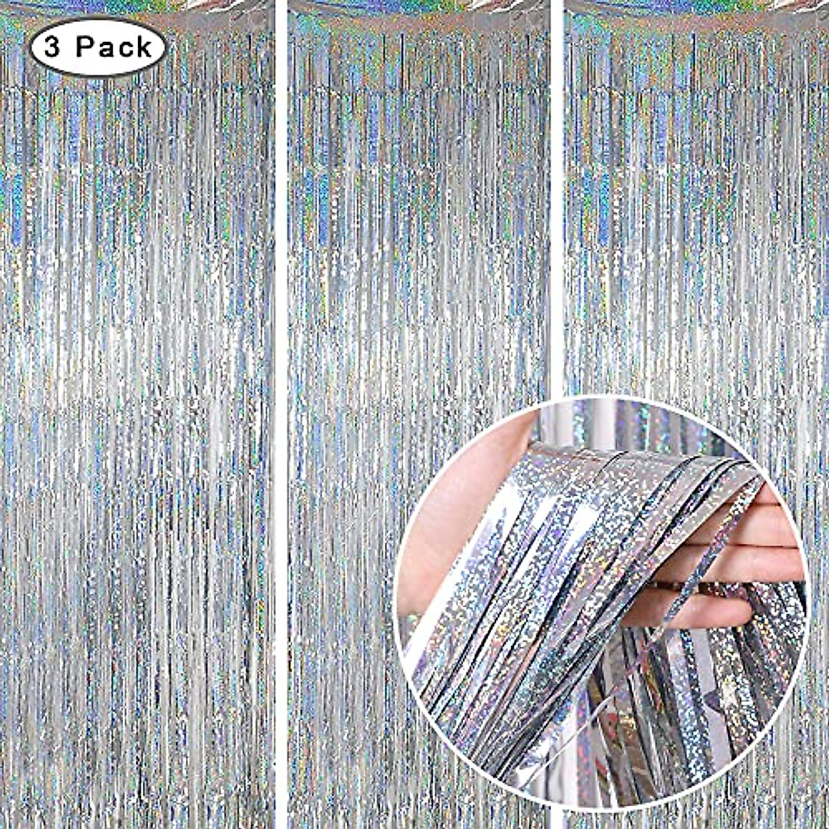 3 Pack Fringe Curtains Party Decorations,Tinsel Backdrop Curtains for Parties,Photo Booth Wedding Graduations Birthday Christmas Event Party Supplies (Silver)