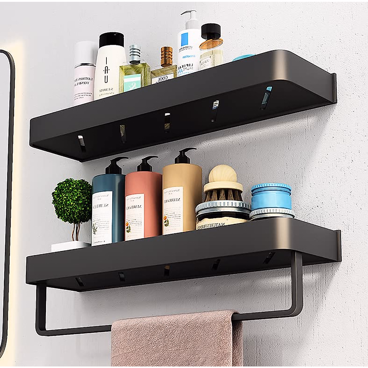 Fippkargo Bathroom Shelf with Towel Bar, Wall Mounted Shower Storage Organizer Holder Rack, Floating Shelf for Bathroom,Kitchen,Toilet 15.7" (Black)