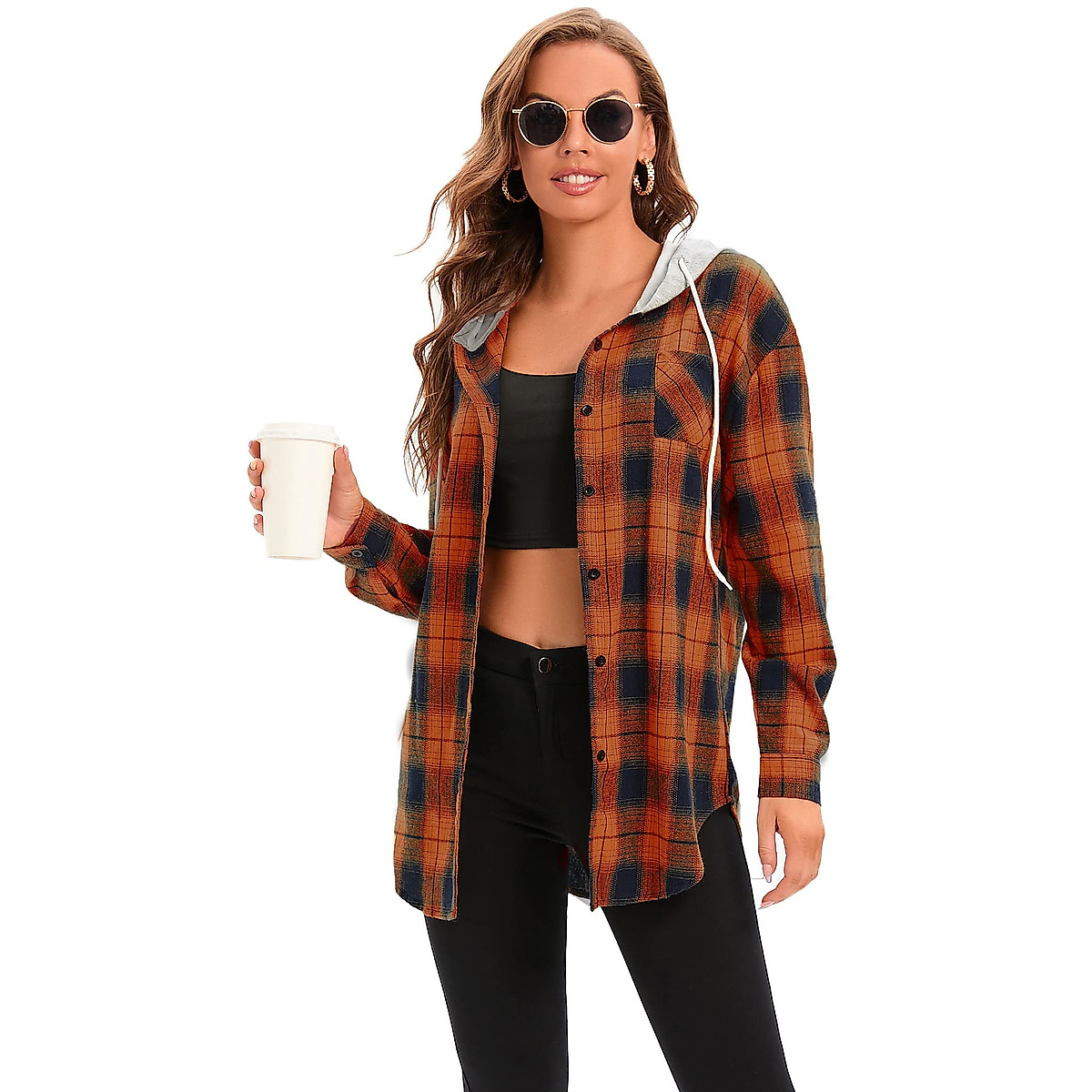 Womens Flannel Shirts Long Sleeve Oversized Boyfriend Shirts Button Down Plaid Hoodie Orange