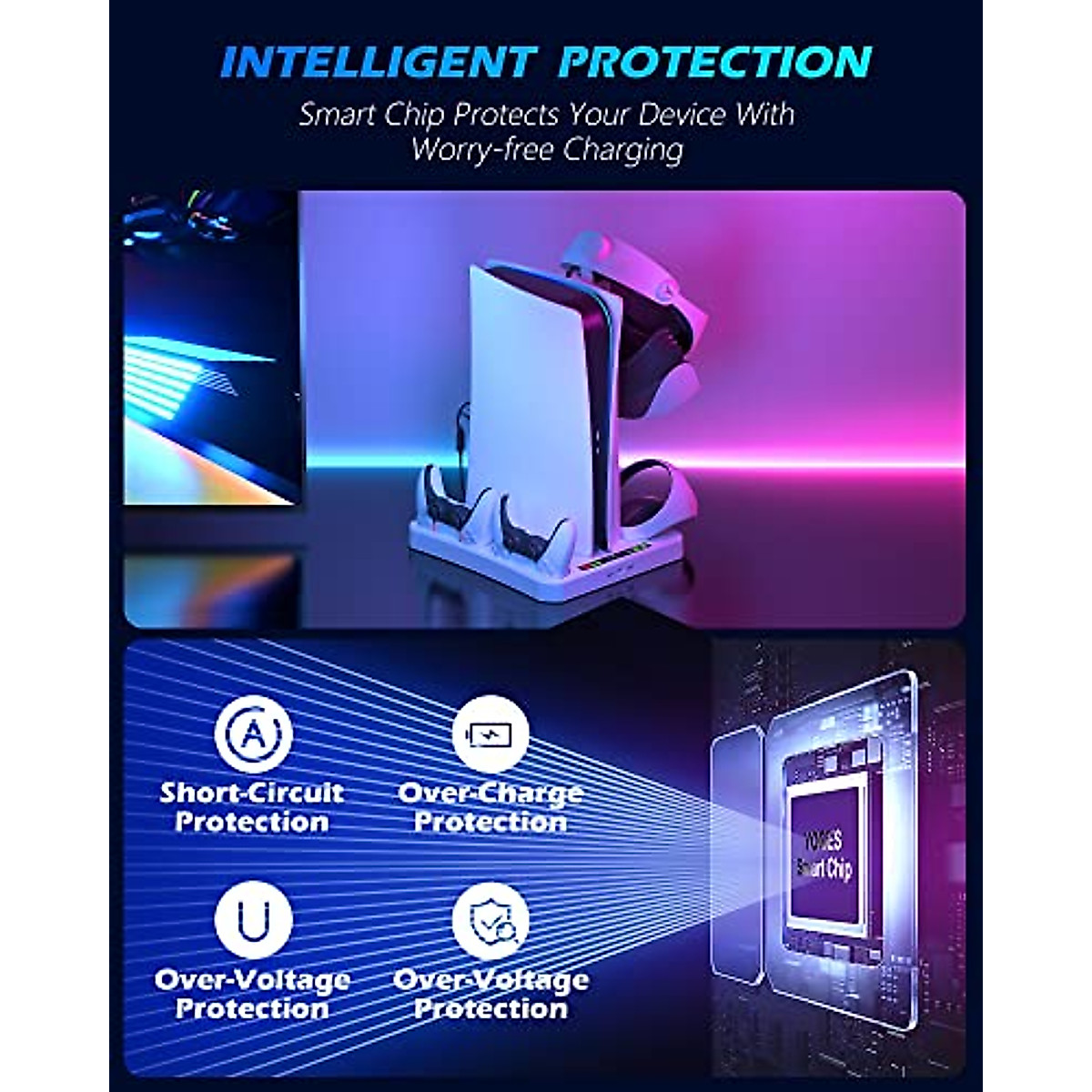 PS-5 & PS VR2 Charging Station with 2 Cooling Fan, YOGES 3-in-1 PS-5 Stand for Play-station5 and Play Station VR2 Controllers Charging, PS-5 Console Cooling Station PS-5 PS VR2 Accessories Storage