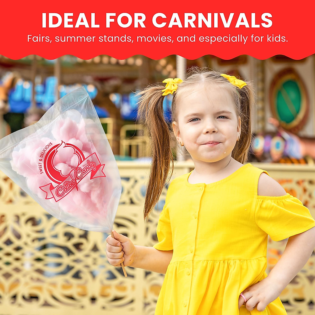 Clear Cotton Candy Bags with Ties, Bulk 500 Count, Cotton Candy Supplies Perfect for Cotton Candy Sticks and Cotton Candy Cones, Cotton Candy Bulk Individual Bags for Cotton Candy Stand Accessories