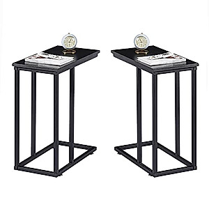 VECELO C Shaped End Side Table for Sofa Couch and Bed Snack TV Tray for Living Room Bedroom, Set of 2, Black