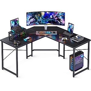 ODK L Shaped Gaming Desk with 4 Drawer Storage Cabinet Dresser, Black Carbon Fiber Computer Desk and Black Dresser