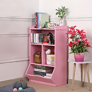 AFBKSS&BB Children Book Shelf, Kids Wood Shelf, Children Multi-Functional Bookcase, Wood Storage Cabinet and Toy Storage Bin (Pink)
