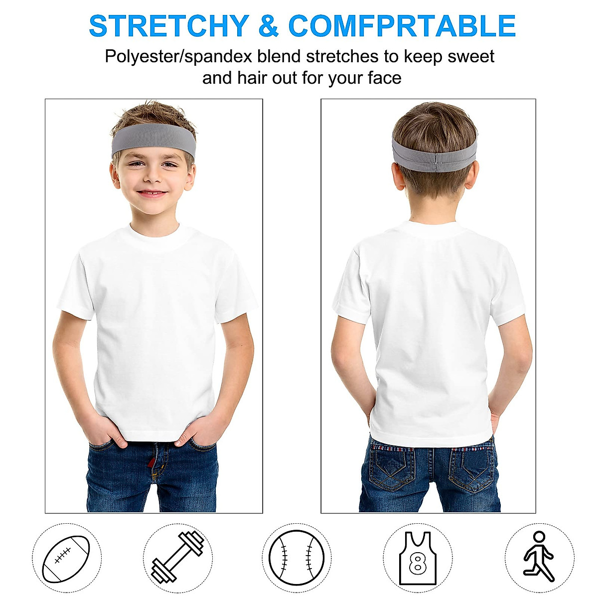 4 Pieces Kids Sports Headbands Athletic Sweatbands Headband Wicking Elastic Hairband for Girls and Boys Toddler Children (Black, Light Grey)