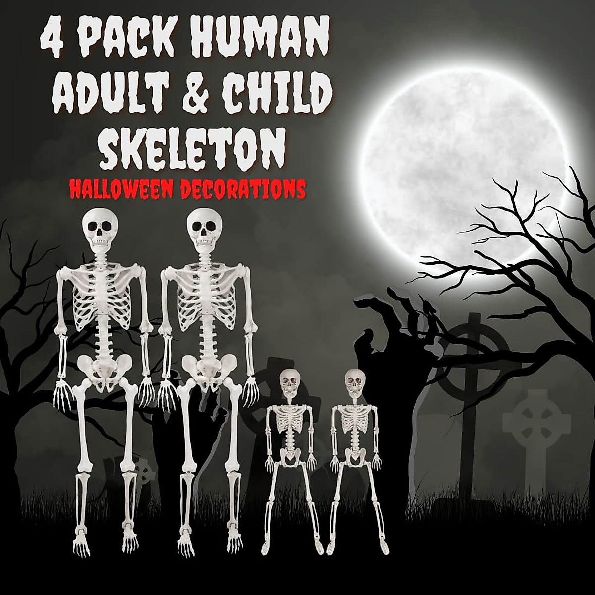 Posable Life Size Human Skeleton Family Set of 4-2 Adult (5' 2")& 2 Children (2')-Halloween Prop Indoor Outdoor Decorations w Bending Articulated Bones- Spooky Haunted House Party Lawn Décor