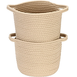 Sea Team 2-Pack Round Cotton Rope Storage Baskets, Decorative Woven Storage Bin, Pot, Caddy, Organizer, Container for Kids, Nursery Room, 7.5 x 7 Inches (Small Size, Khaki)