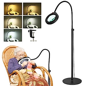 5X Magnifying Glass with Light and Stand, Krstlv 24" Flexible Gooseneck Magnifying Floor Lamp, 3-in-1 LED 5 Color Modes Stepless Dimmable Lighted Magnifier Hands Free for Close Work, Hobby, Esthetican