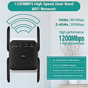 WiFi Extender, AILIYZ WiFi Booster Signal Booster for Home 2.4G /5G Wireless Internet Repeater with Ethernet Port, 1200Mbps WiFi Range Extender for Indoor and Outdoor (Black)