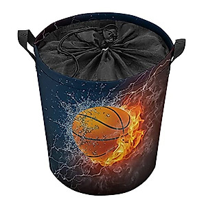 Basketball Laundry Hamper Fire Water Ball Kids Laundry Basket Sports Dirty Clothes Storage Basket Collapsible Waterproof Toy Organizer for Boys Bedrooms