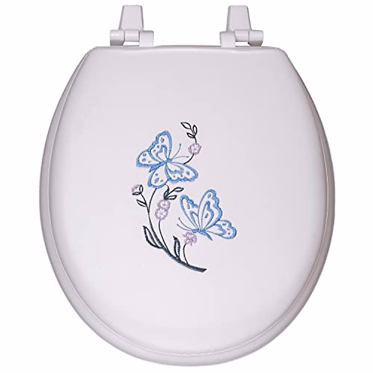 Soft Vinyl Round Toilet Seat with Embroidered Butterfly, White