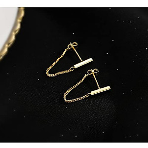 Reffeer Solid 925 Sterling Silver Bar Chain Dangle Earrings Drops for Women Teen Girls Bar Drop Earrings Chain Studs (A-Gold)