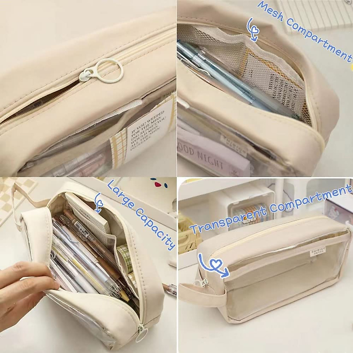 Clear Pencil Pouch Aesthetic School Supplies Large Cute Pencil Case for Girls Preppy Pencil Case Aesthetic (Beige,with Clip & Sticky Note)