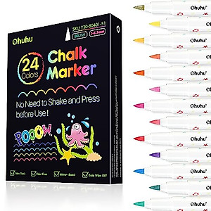 Ohuhu No Shaking and Pressing Chalk Markers for Chalkboard Brush Tip 24 Colors Chalkboard Markers for Blackboard Easter Eggs Car Window Glass Easy to Wipe Off Chalk Pens Non-toxic for Adults Kids