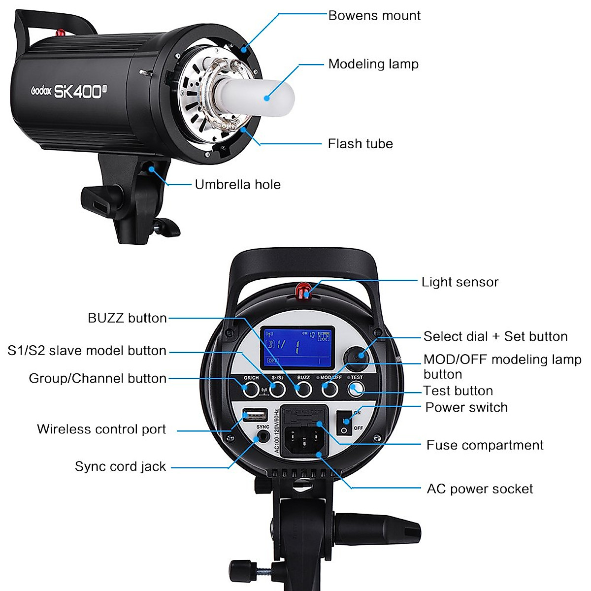 GODOX SK400II Studio Flash Strobe Light Built-in Godox 2.4G Wireless X System GN65 5600K with 150W Modeling Lamp for E-Commerce Product Portrait Lifestyle Photography+ Godox Barn Door Barndoor Kit