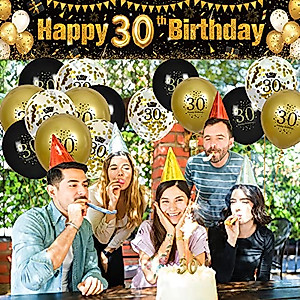 30th Birthday Decorations for Men Women Black and Gold, Black Gold Birthday Yard Banner Sign and 18 PCS 30th Happy Birthday Balloons for 30th Anniversary Birthday Party Supplies Outdoor Yard Decor