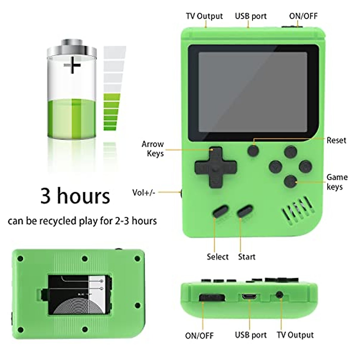 LARSEBEI Retro Handheld Game Console, 3.0-Inch Portable Video Game Console for Kids with 800 Classical FC Games，1020mAh Rechargeable Battery，Supports Two Players and Connects to TV (Green)