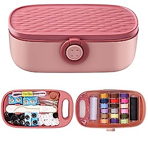 WANSHUNLMI Red Sewing Kit, 140Pcs Family Travel Sewing Project Kit Portable Small Traveler Sewing Supplies Repair Kit Thread Accessories DIY Sewing Supplies Organizer Box (Dark Red)
