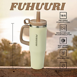 FUHUURI 40oz Stainless Steel Tumbler with Handle,Straw Lid,Double Wall Insulated, Keep Drinks Cold or Hot,Cupholder Friendly (Khaki brown)