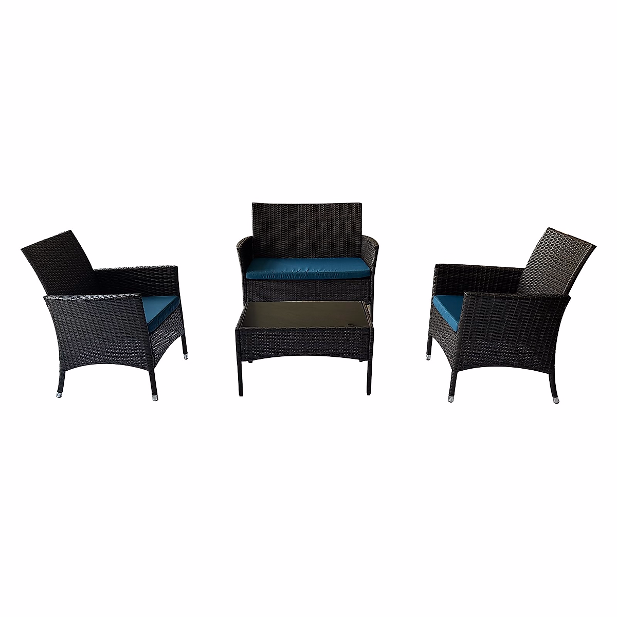 Ophelian 4 Piece Wicker Patio Furniture Set, Patio Set with Comfortable Cushion,Garden Pool Backyard Patio, Coffee/Peacock Blue