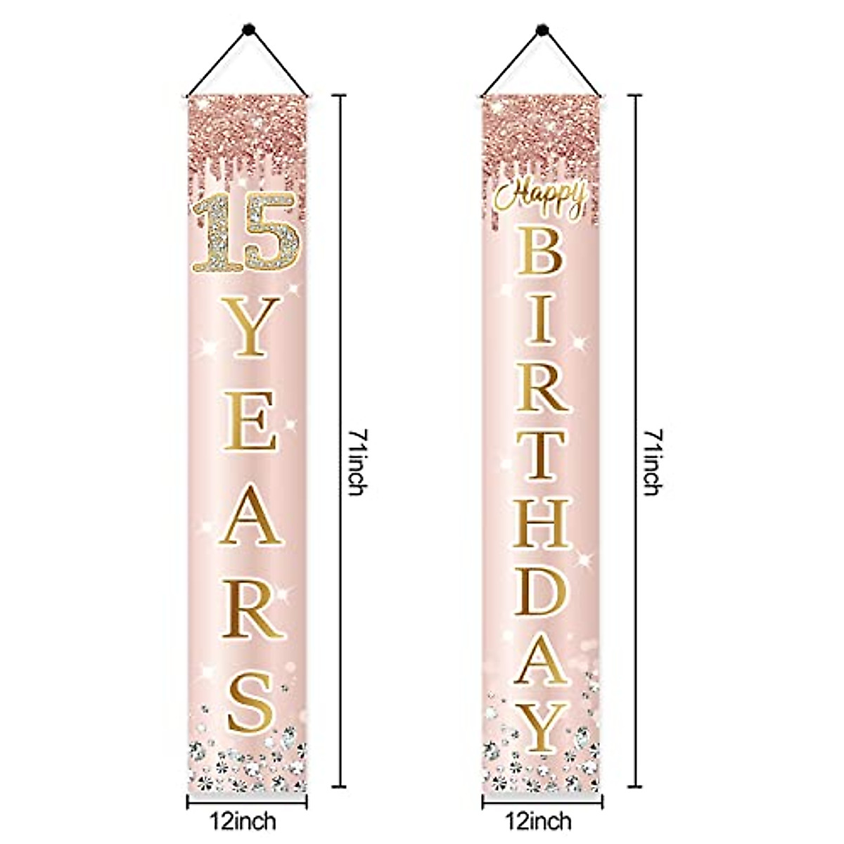15th Birthday Door Banner Decorations for Girls, Pink Rose Gold Happy 15 Birthday Door Porch Backdrop Party Supplies, Fifteen Year Old Birthday Sign Decor
